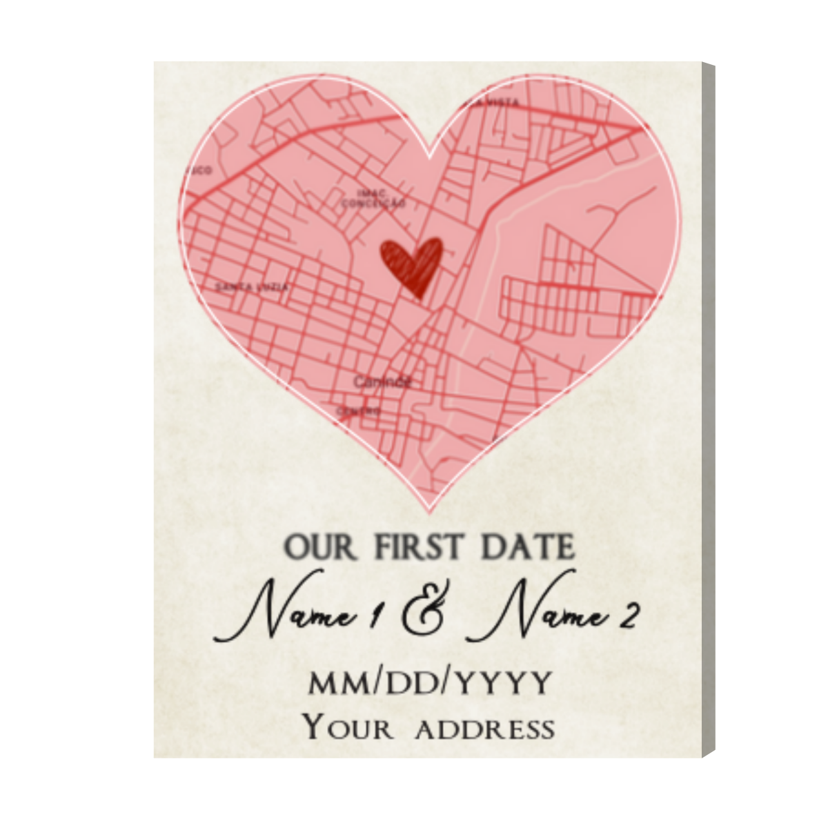 Custom First Date Map On Canvas, Our First Date Memory Gift Heart Map ...